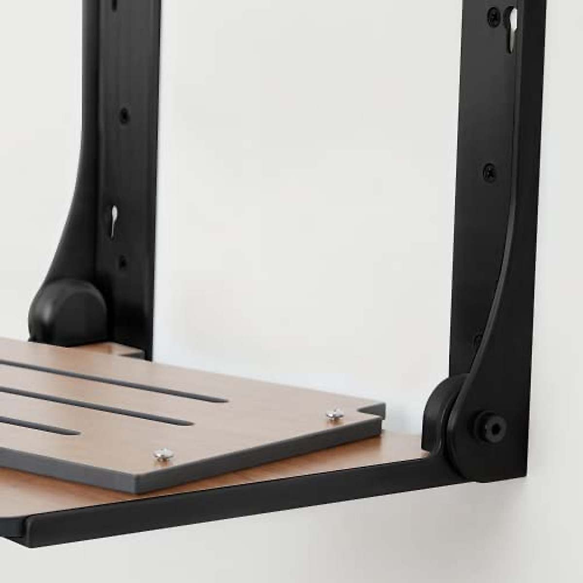 Seachrome Silhouette Folding Wall Mount Shower Bench Seat, Rustic Teak Seat with Matte Black Frame (SHAF-185155-PRTS-S-MB)