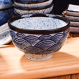 Cerficer Japanese Rice Bowl - 10.2oz Ceramic Sushi Bowl with Blue Wave Pattern,Thickened Bowl Wall,Perfect Small Bowl for Rice, Snacks, Desserts, and Sauces,Asian Rice Bowl Set