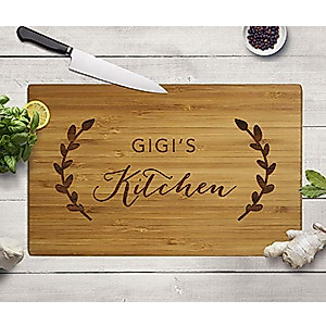 Andaz Press Large Bamboo Wood Cutting Board Gift for Mother's Day, 17.75 x 11-inch, Rustic Laurels, Gigi's Kitchen, 1-Pack, Laser Engraved Serving Chopping Board Christmas Birthday Chef Kitchen Ideas