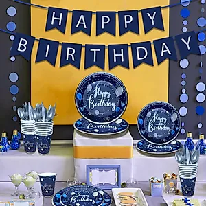 Navy Blue Birthday Party Decorations with Silver Stamped Tableware Set includes; Starry Theme Tablecloth, 9" and 7" Plates, Cups, Napkins, Utensils and Happy Birthday Banner -24 Guest