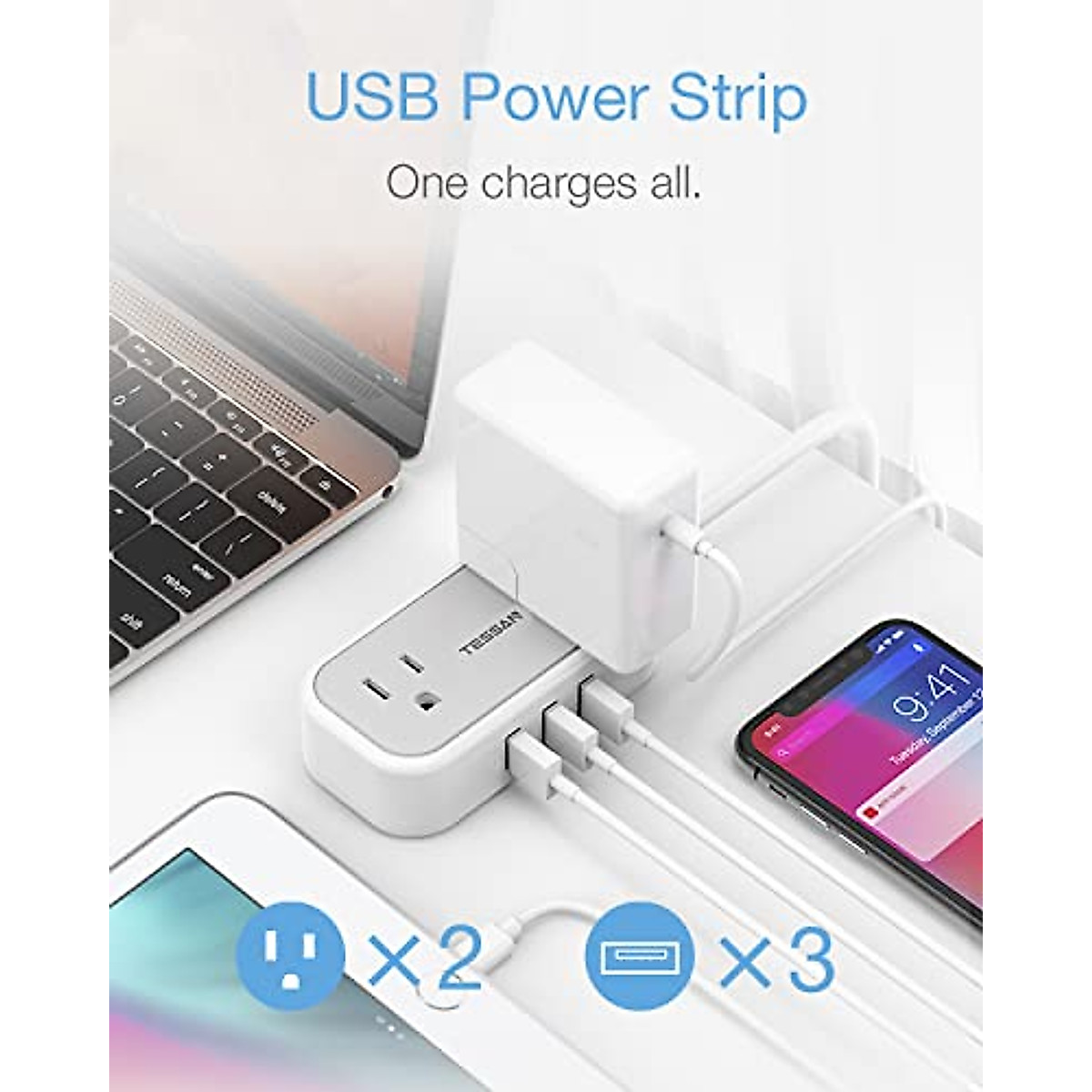 Mini Power Strip with 3 USB Ports, TESSAN 2 Outlet Portable Flat Plug Strip with 5 Ft Small Extension Cord, No Surge Protector for Cruise Ship Essentials Travel