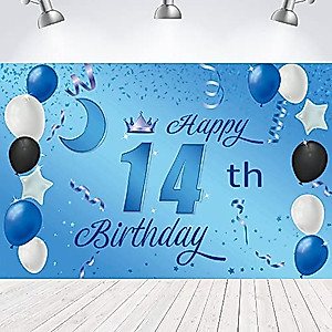 Sweet Happy 14th Birthday Backdrop Banner Poster 14 Birthday Party Decorations 14th Birthday Party Supplies 14th Photo Background for Girls,Boys,Women,Men - Blue 72.8 x 43.3 Inch