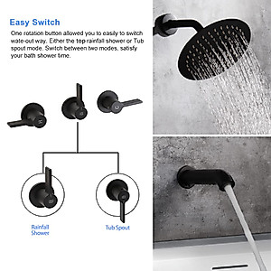 Matte Black 3 Handle Shower Faucet Set with Tub Spout, Tub and Shower Trim Kit with Rough-in Valve, Bathroom Rain Mixer Shower System, Rainfall Bathtub Shower Faucets