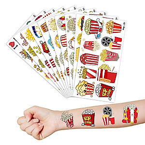 100 PCS Popcorn Corn Movie Night Themed Temporary Tattoos Birthday Party Decorations Favors Supplies Cute Circus Fake Tattoo Stickers Party Gifts for Children Girls Boys Home Activity School Rewards