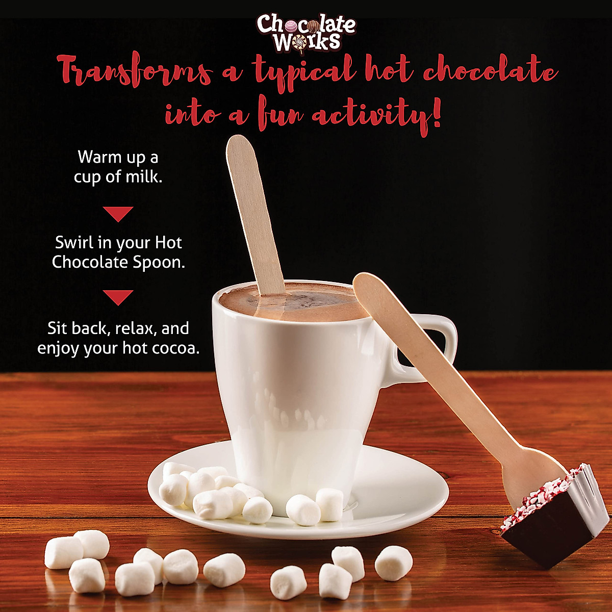 Hot Chocolate Spoons by Chocolate Works, Flavor Variety Pack - Belgian Dark Chocolate, Milk Chocolate & Marshmallows, Peppermint, Cocoa Bomb for Hot Chocolate