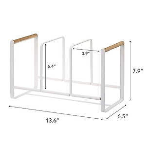 Yamazaki Plate Home Accented Storage Rack-Kitchen Holder Stand | Steel + Wood | Large | Dish Organizer, White