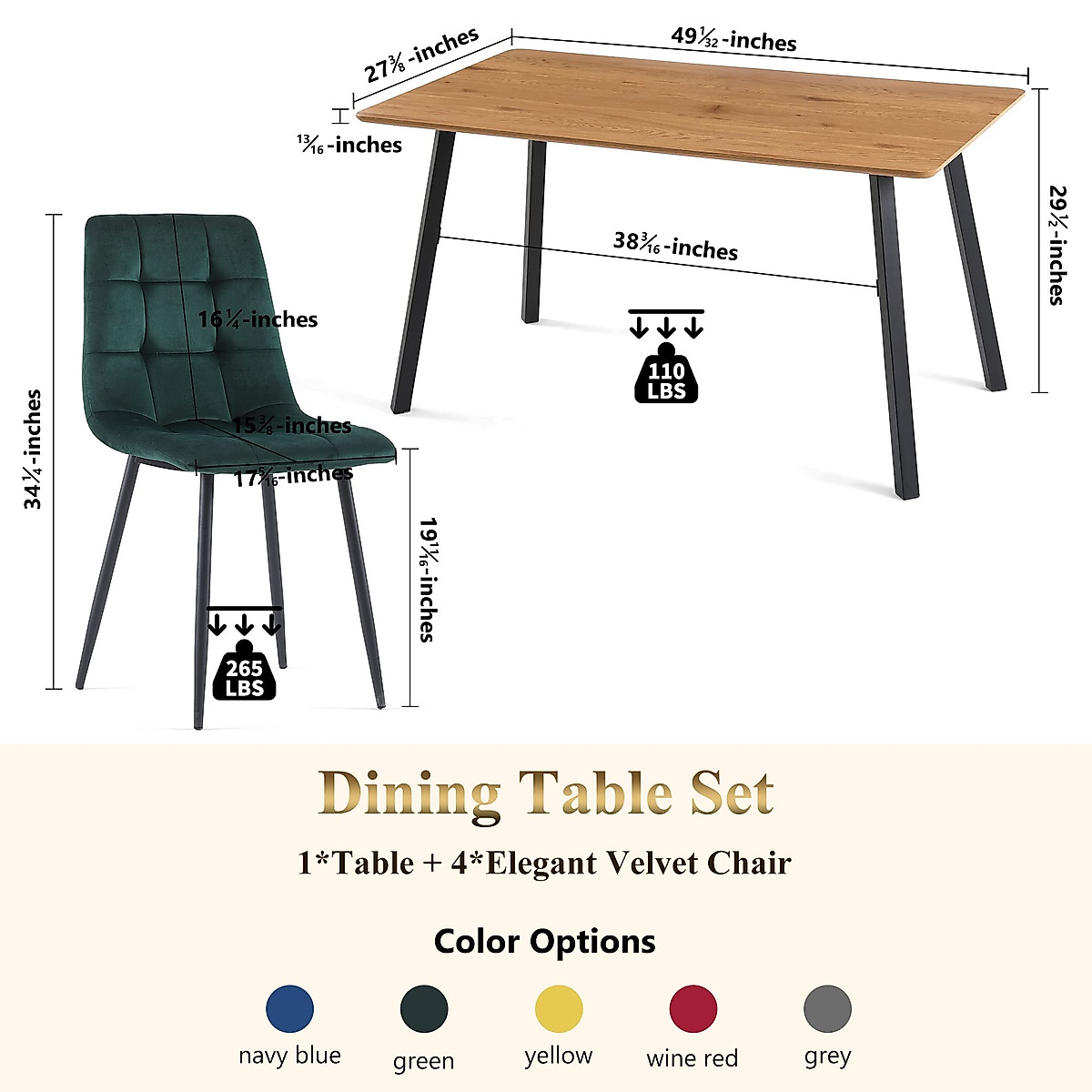 Homedot Modern Dining Table Set for 4,5-Pieces Dining Room Set,49" Rectangle Table Stable & 4 Upholstered Velvet Dining Chair High-Back with Durable Metal Legs for Kitchen,Dining Hall