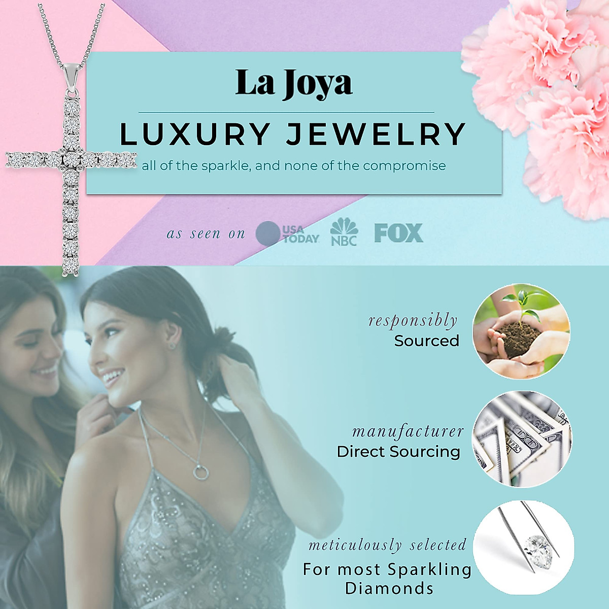 Diamond Cross Necklace For Women | 1/5 CTTW Real White Gold Plated 925 Sterling Silver Lab Created Diamond Necklace Pendant | Ideal Gift for Ladies