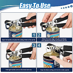 Can Opener Vertical Grain Non-slip Soft Handle Stainless Steel Manual Can Opener Oversized Easy Turn Knob Sharp Cutting Wheel Good Grips with Built-in Bottle Opener