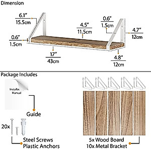 Wallniture Ponza Floating Bookshelves, Burnt 17"x4.5" Floating Shelves for Wall Storage, Set of 5 Wood Shelves for Bedroom, Bathroom, Kitchen, Living Room Decor
