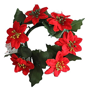 7" Christmas Candle Ring for 3 Inch Pillar Candle with Poinsettia Flowers and Leaves