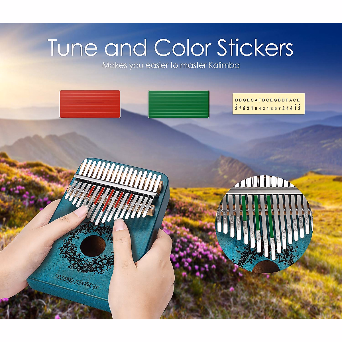 Kalimba-17 Key Thumb Piano,Exquisite Mahogany Wood Portable Kalimba,Tune Hammer and Study Instruction,Musical Gifts for Music lovers Adults Kids(Teal Blue)