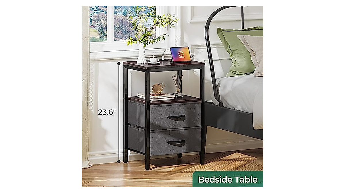 Huuger Walnut Nightstand with Charging Station & Storage
