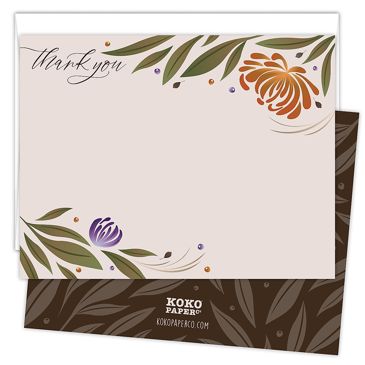 Koko Paper Co Autumn Floral Thank You Cards for Fall Events. 25 Flat Thank You Cards + 25 Bright White Envelopes. Made in the U.S.A.
