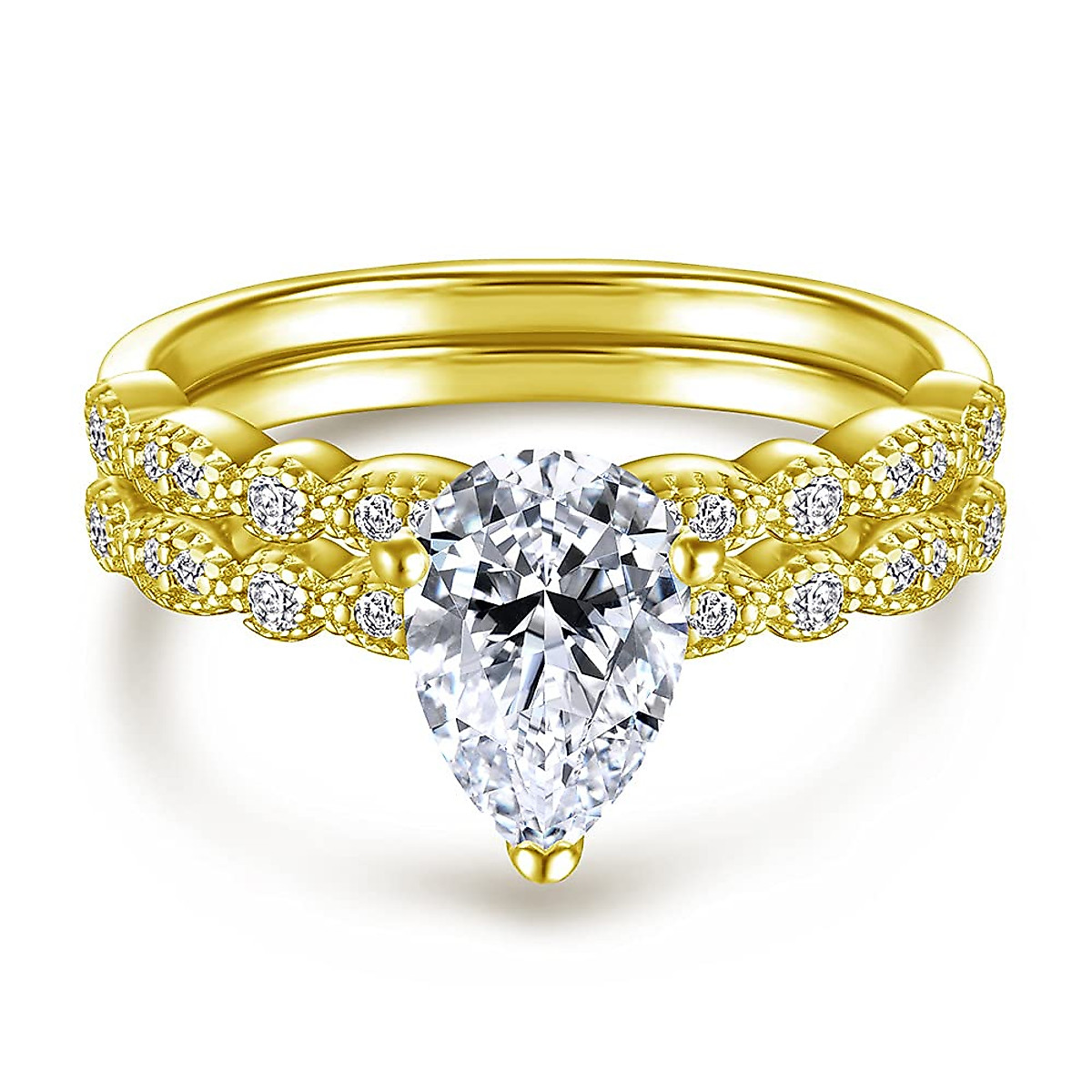 Vintage Wedding Ring Set for Women Bridal Sets Wedding Rings, 1 Carat Center Round/Radiant/Pear Cut Moissanite Engagement Ring Set 925 Sterling Silver 10K 14K 18K Gold Free Engraving(Style 2 - Pear Cut)