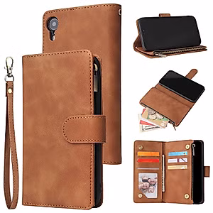 UEEBAI Wallet Case for iPhone XR, Premium Vintage PU Leather Magnetic Closure Handbag Zipper Pocket Cover Kickstand Card Holder Slots with Wrist Strap TPU Shockproof Flip Case for iPhone XR - Brown