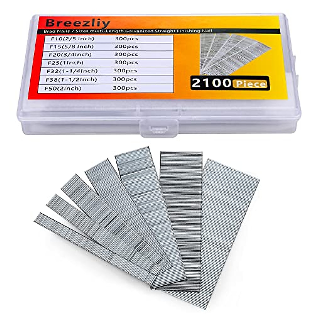 Breezliy 2100 PCS Brad Nails 7 Sizes multi-Length Galvanized Straight Finishing Nail,Each specification has an independent sponge anti-collision packaging