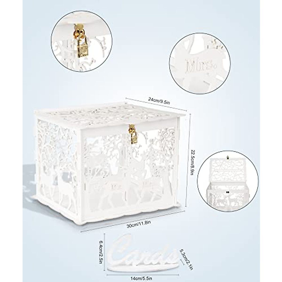 BestYiJo Wedding Card Box With Locks, Large Vintage Diy Gift Box For Wedding Reception Anniversary Baby Gift, Money Box, 11.8 X 9.5 X 8.9 (White)