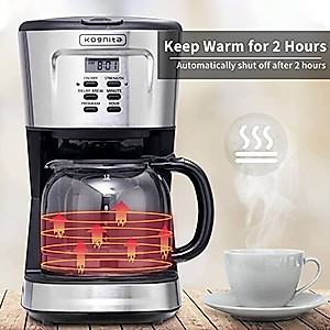 12 Cup Coffee Maker, Programmable Coffee Machine & Ice Tea Maker with Glass Carafe, Drip Coffee Maker Coffee Pot, Auto Keep Warm, Anti-Drip, Strength Control, Stainless Steel Small Coffe Maker, 900W Quick Brew, Kognita