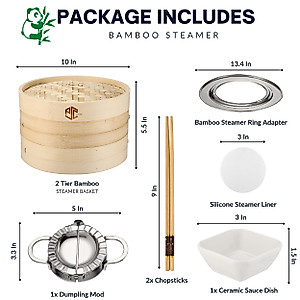 PSC GOODS Bamboo Steamer Basket | 2-Tier Handmade Basket Dumpling Steamer Basket-Traditional Design Steamer Basket for Cooking Dumpling Bao Bun, Rice Potsticker Steaming Chinese Asian Food & Vegetables