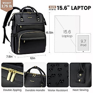 LOVEVOOK Leather Laptop Backpack for Women 15.6 inch,Travel Purse Nurse Teacher Computer Bag,Professional College Business Work Bags Carry On with USB Port,Black