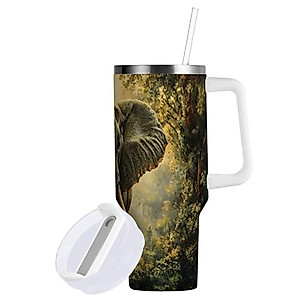 Jihqo Jungle Elephant 40 oz Stainless Steel Vacuum Insulated Tumbler with Handle and Straw Lid, Leakproof Water Bottle Double Wall Travel Mug Coffee Cup, Cupholder Friendly