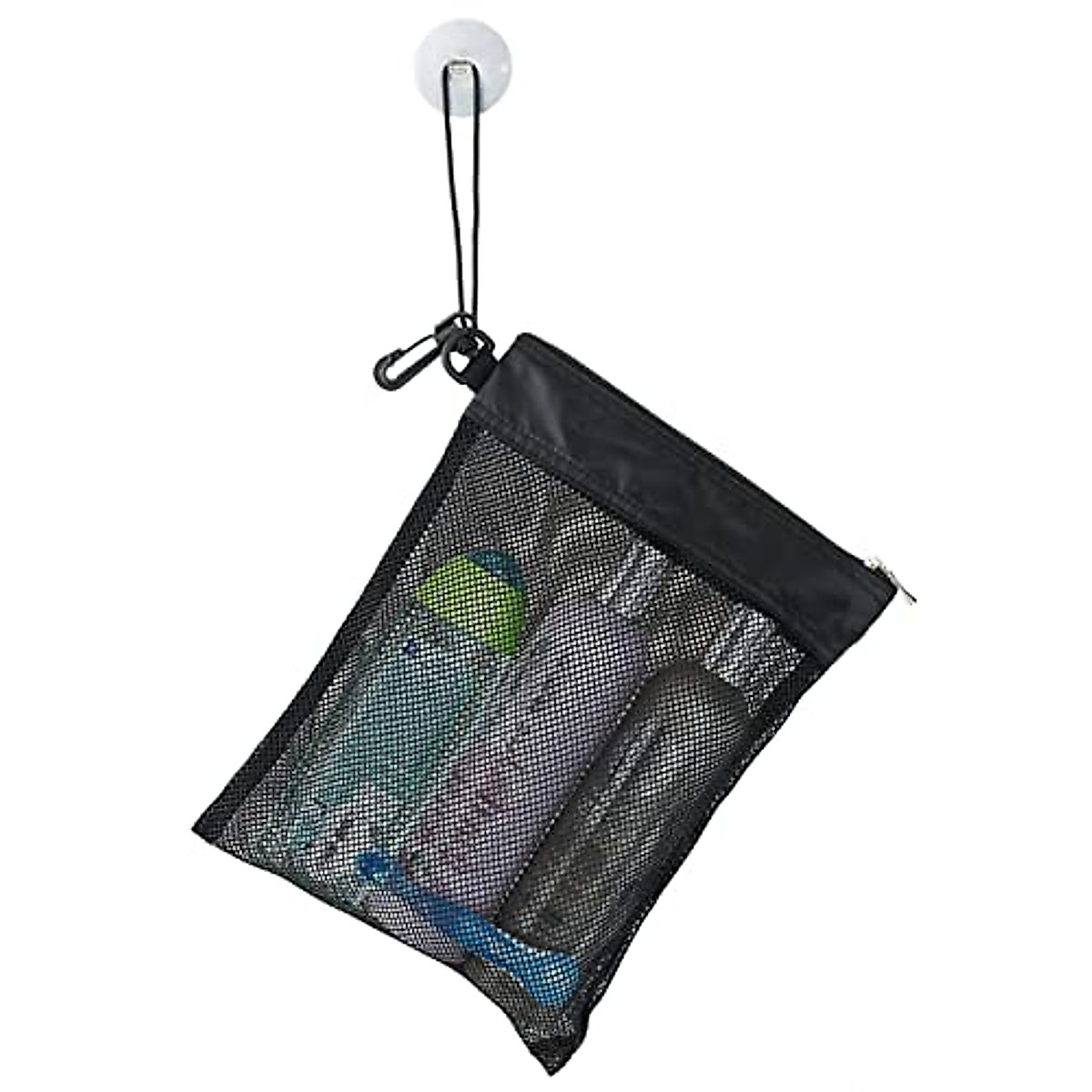 YUMA Active Shower Bag Tote, Mesh Caddy Toiletry Organizer 12”L x 9”W, Compact and Lightweight With Suction Cup, Cord for Hanging, Zipper and Drawstring Pouch 14”L x 10”W, Black