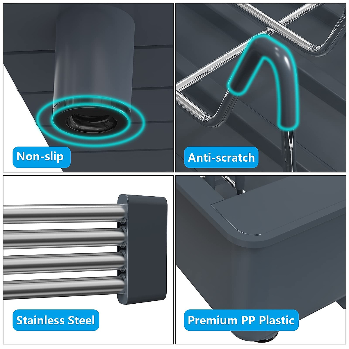 ROTTOGOON Dish Drying Rack, Stainless Steel Large Dish Rack, Expandable (12.8"-19.1") Dish Drainer with Swivel Spout, Utensil Holder, Cup Holder and Wine Glass Holder for Kitchen Counter Cabinet, Gray