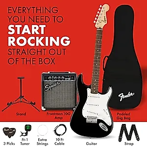 Stratocaster Electric Guitar Kit with Amp, Bag, Strap - Fender Squier, Poplar Body, Laurel Fingerboard