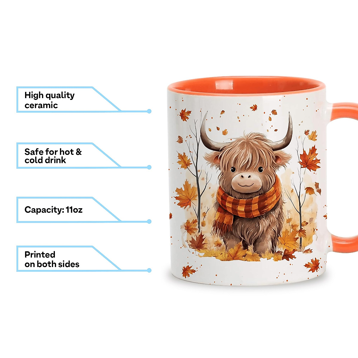 Hyturtle Fall Highland Cow Maple Leaves Coffee Mug - Birthday Gifts For Cow Lovers - Fall Autumn Decor Gifts For Farmhouse Thanksgiving - Highland Cow Gifts - 11oz White Ceramic Coffee Tea Mug