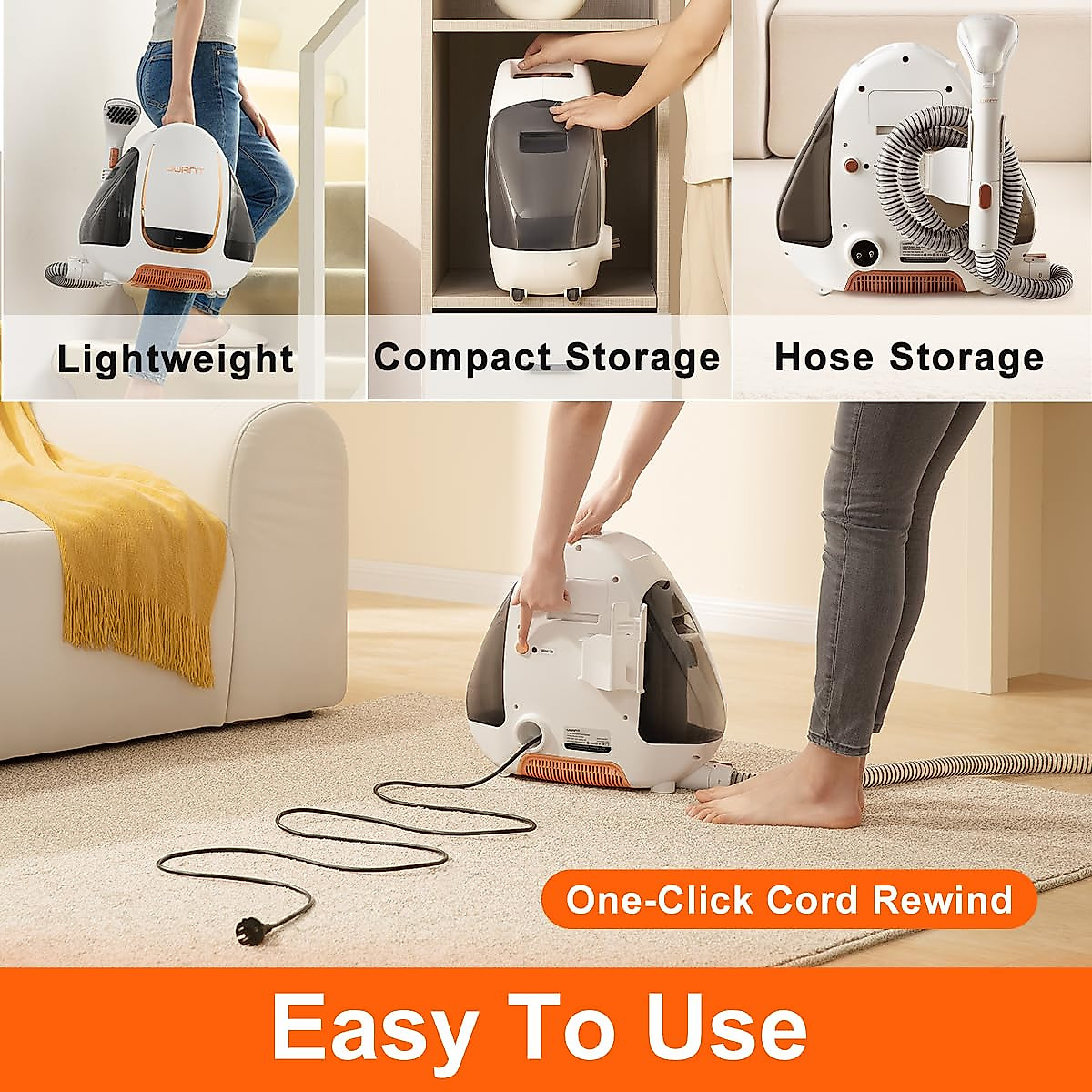 UWANT Portable Carpet & Upholstery Cleaner Machine, 12Kpa Strong Suction Small Handheld Cleaner, Lightweight Shampooer for Car, Auto Detailer, Pet Stains, Furniture, Couch, B100