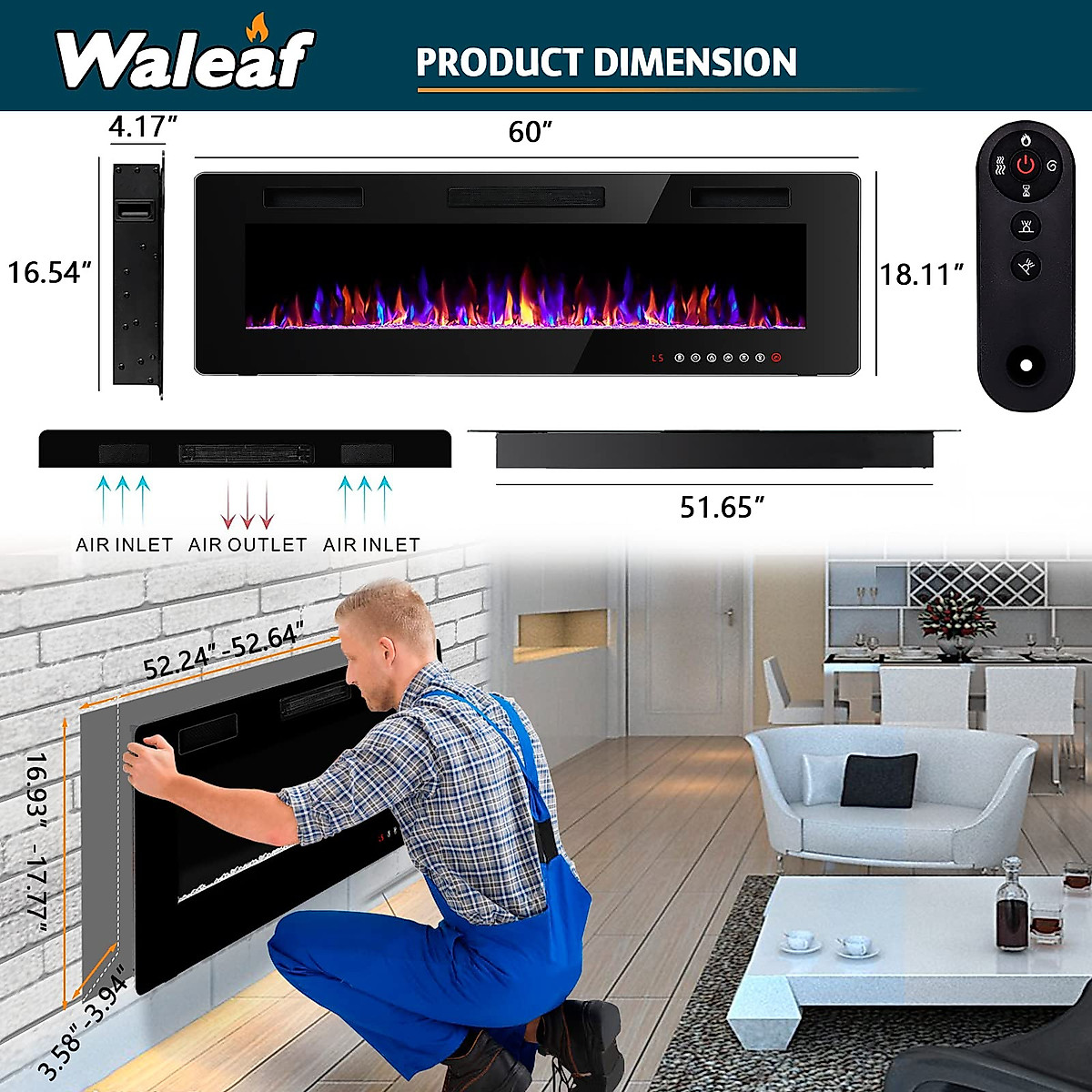 Waleaf 60 inch Ultra-Thin Electric Fireplace Wall Mounted and Recessed,Fireplace Heater with Multicolor Flame fit for 2 x 4 and 2 x 6 Stud, Remote Control Touch Screen,Timer,Low Noise,750/1500W