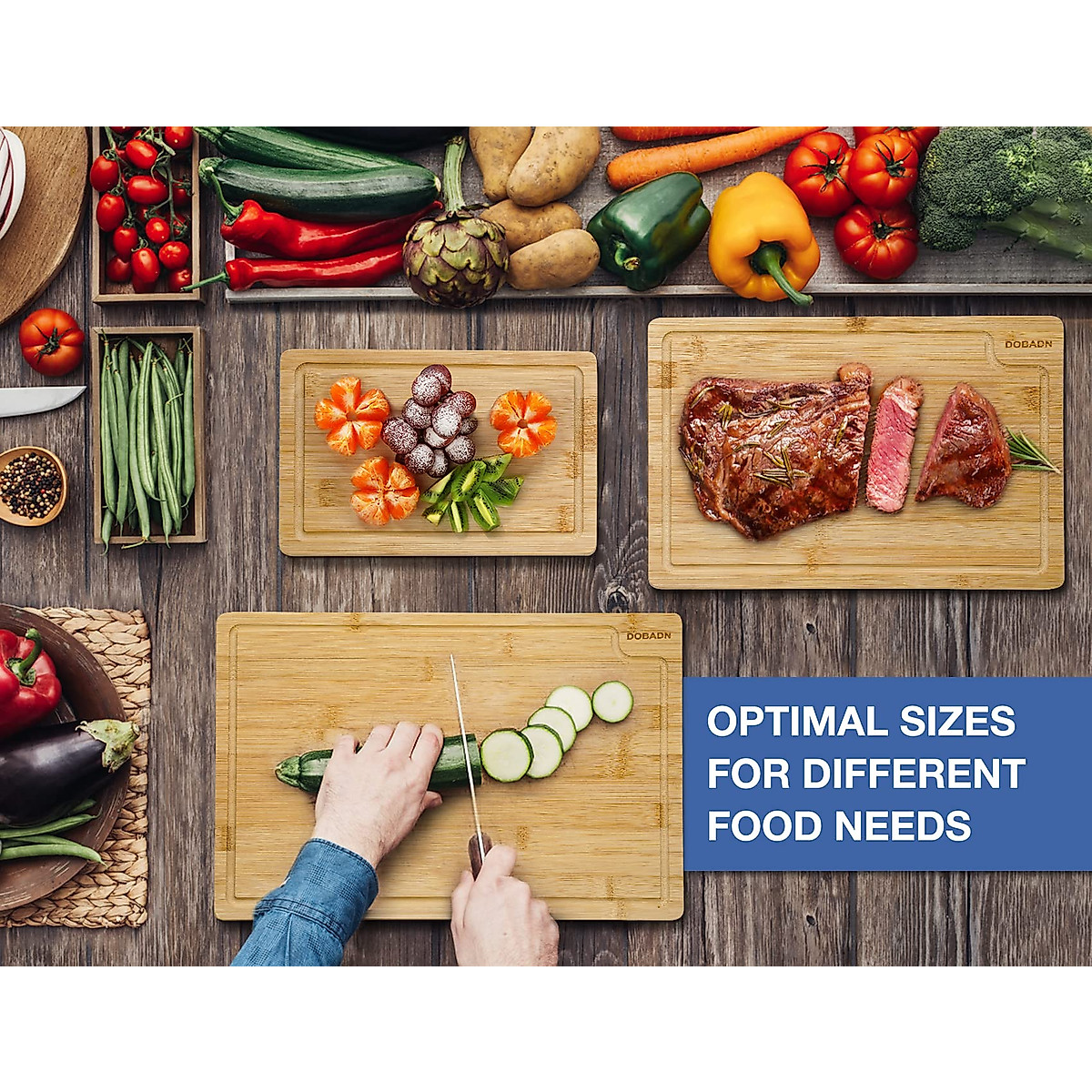 DOBADN Bamboo Cutting Board Set for Kitchen,（Set of 3）Chopping Boards with Juice Groove,Natural Wood Cutting Boards with Stainless Steel Holder,Cutting Board Set for Butcher Block,Cheese,Vegetables