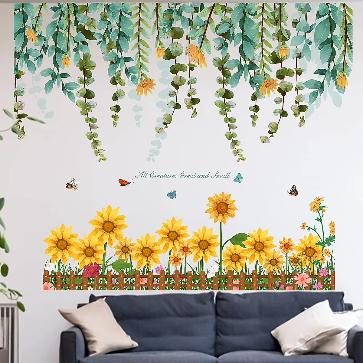 Tropical Plants Sunflower Vine Wall Corner Stickers, AUHOKY Removable Green Fresh Leaves Flower Wallpaper Decals, Garden DIY Art Mural for Nursery Bedroom Kitchen Offices Home Decorations (B)