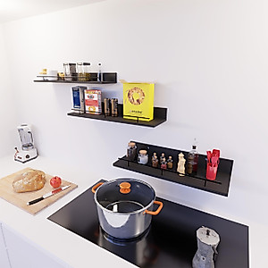 Giftgarden 16 Inch Black Floating Shelves with Black Metal Guardrail, Wood Shelves for Wall Storage Set of 3, Wall Shelf for Bathroom Bedroom Living Room Kitchen Nursery