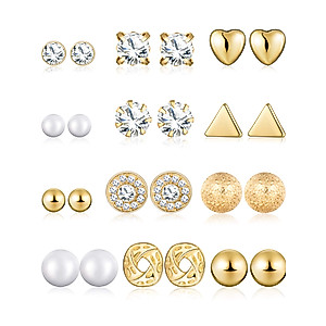 BBTO 24 Pairs Stud Earrings Crystal Pearl Earring Set Ear Stud Jewelry for Women Men(Gold)