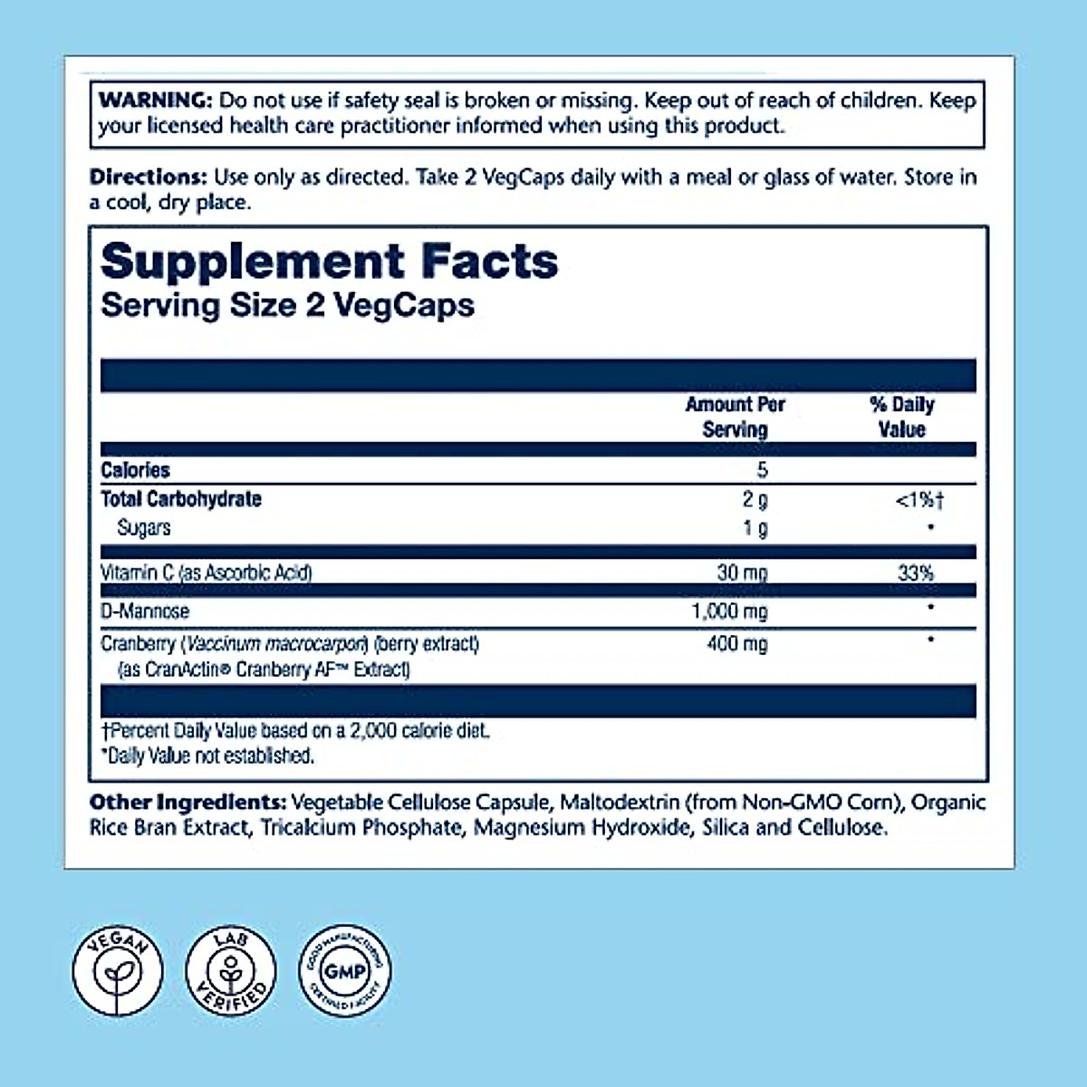 SOLARAY D-Mannose with CranActin Cranberry Supplement 400mg, Urinary Tract Health & Bladder Support Capsules with Vitamin C, Vegan, 60 Day Guarantee (120 CT)