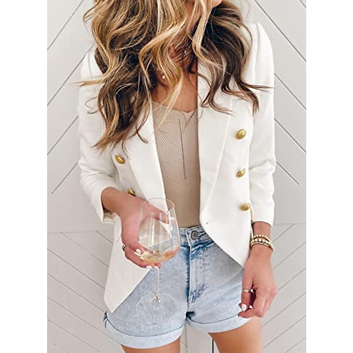 Asvivid Double Breasted Blazers Jacket for Work Casual White Blazer Office Tailored Blazers Notch Lapel CasualStretchy Lady Suit S