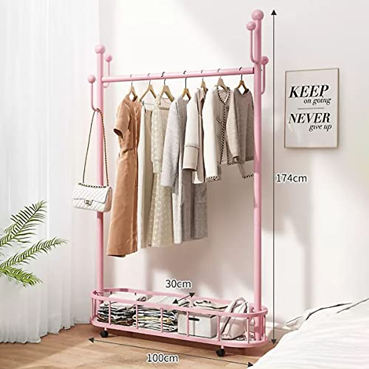 FAXIOAWA Metal Coat Rack Stand With Basket Garment Rail With 360° Wheel 4 Side Hooks Clothes Rack For Hall, Entryway, Bathroom And Living Room (Color : Pink, Size : 100cm)