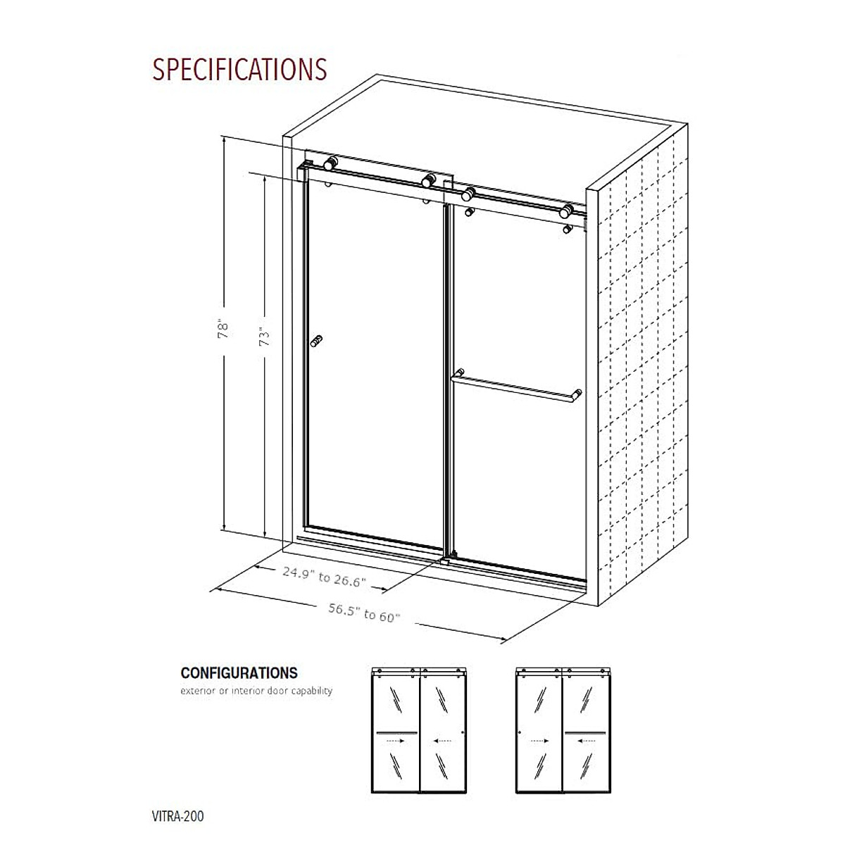 Eurotech Showers VITRA-200 56.5-60" W x 78" H Twinglide Frameless Shower Door w/ 3/8" Clear Tempered Glass (Brushed Nickel)