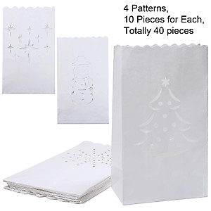 Aneco 40 Pieces Paper Luminary Bags White Candle Bags Flame Resistant Lantern Bags Tealight Luminaries 4 Designs with Tree, Stars, Sunburst, Snowman for Christmas, Party Decoration