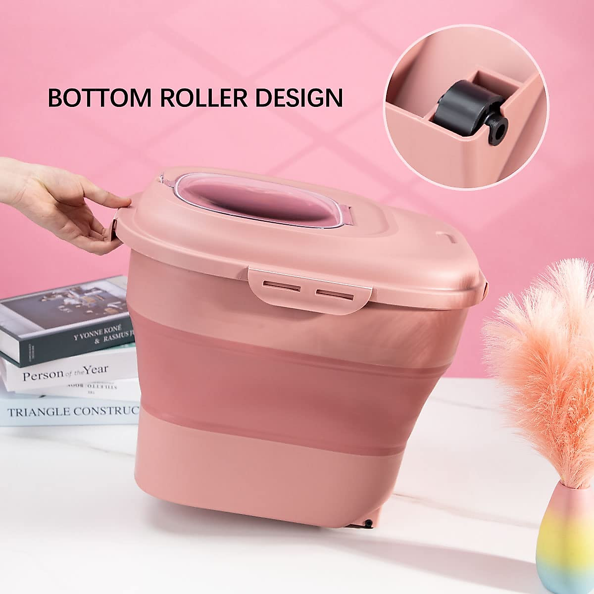 SUT 50 Lbs Pink Food Storage Container, Large Sealed Grain Container Storage with Airtight Locking Lid and Rolling Wheels, Leakproof Sealable Collapsible Large Rice Food Storage Container