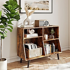 Ethlomoer Storage Organizer BookShelf with Outlets, 3 Tier Mid-Century Modern Bookcase with Legs, Freestanding Wood Open Bookcase, Retro Industrial Horizontal Bookcase for Bedroom, Living Room, Office