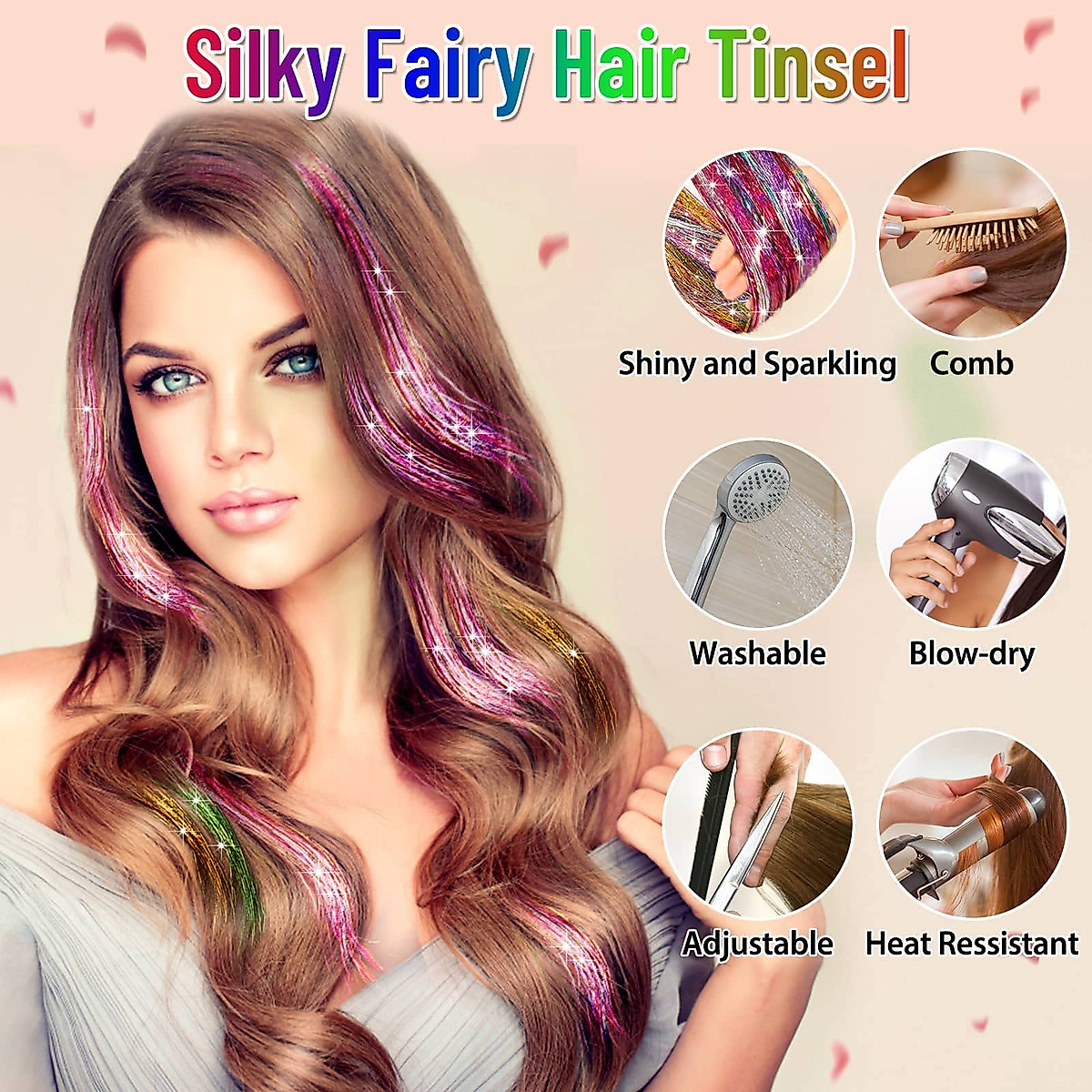 Hair Tinsel Kit (48 Inch, 16 Colors, 3200 Strands), Glitter Sparkling Tinsel Hair Extensions with Tools, Heat Resistant Fairy Hair Tinsel Kit for Women Girls Cosplay Party Festival Hair Accessories