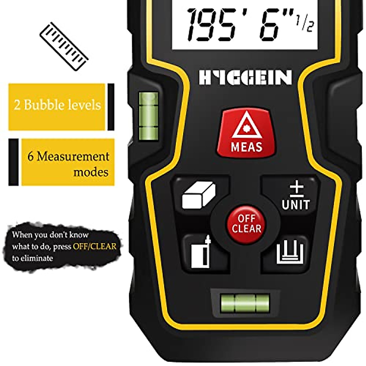 Laser Measurement Tool 196ft, HYGGEIN Laser Distance Measure, Laser Measuring Tape with Levels(M/in/Ft/Ft+in,±1/16in Accuracy), Pythagorean Mode, Distance, Area and Volume