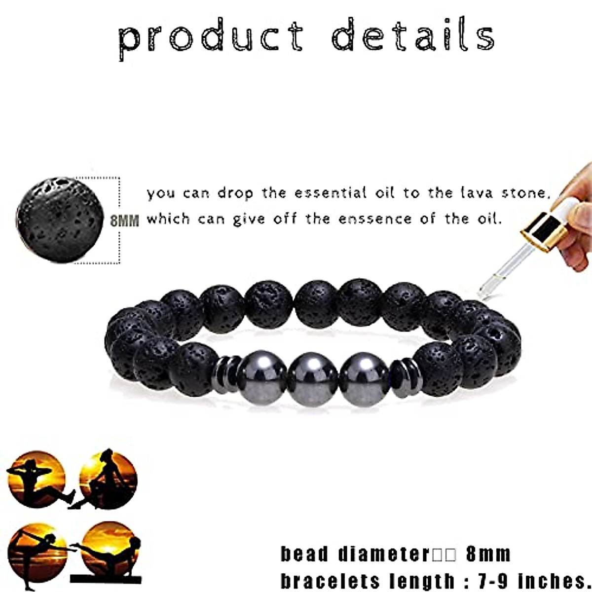 WAINIS 12 PCS Gemstone Beads Stretch Bracelets for Men Women Energy Yoga Healing Matte Lava Rock Volcanic Stone Essential Diffuser Oil Bracelet