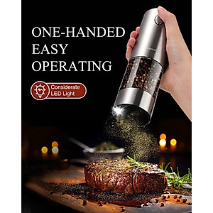 [Upgraded Larger Capacity]Electric Salt and Pepper Grinder Set Tomentific, Automatic Pepper Mills with Easy-to-Carry Dual Charging Station and Adjustable Coarseness, LED Light, Stainless Steel