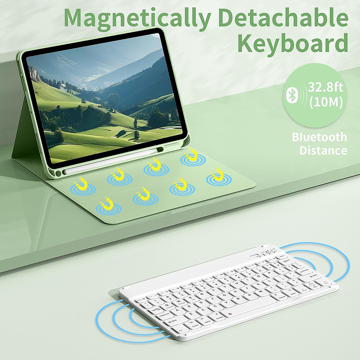 Aoub Case for iPad Air 6th 11-inch M2 2024, iPad Air 5th/4th Generation 10.9 inch 2022/2020, Stand Folio Detachable Wireless Bluetooth Keyboard Cover Soft TPU Back Case with Pencil Holder, Light Green