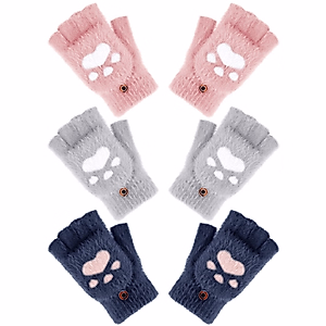 Bencailor 3 Pairs Winter Fingerless Gloves Warm Convertible Mittens Flap Cover Cat Paw Gloves for Women Cold Weather Cosplay (Light Gray, Pink, Navy Blue)