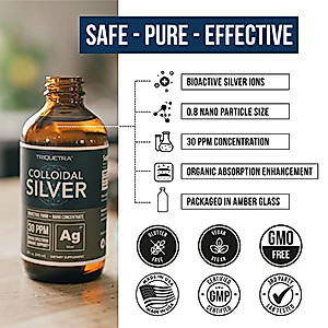 Bioactive Colloidal Silver - 8 oz, Glass Bottle, Vegan, Safe Doses with Highest Effectiveness - Nano Ions, 30 PPM - Immune Support (48 Servings)